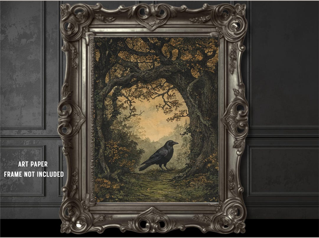 Black Raven and Enchanted Forest Print Magical Woodland Canvas Wall Art ...
