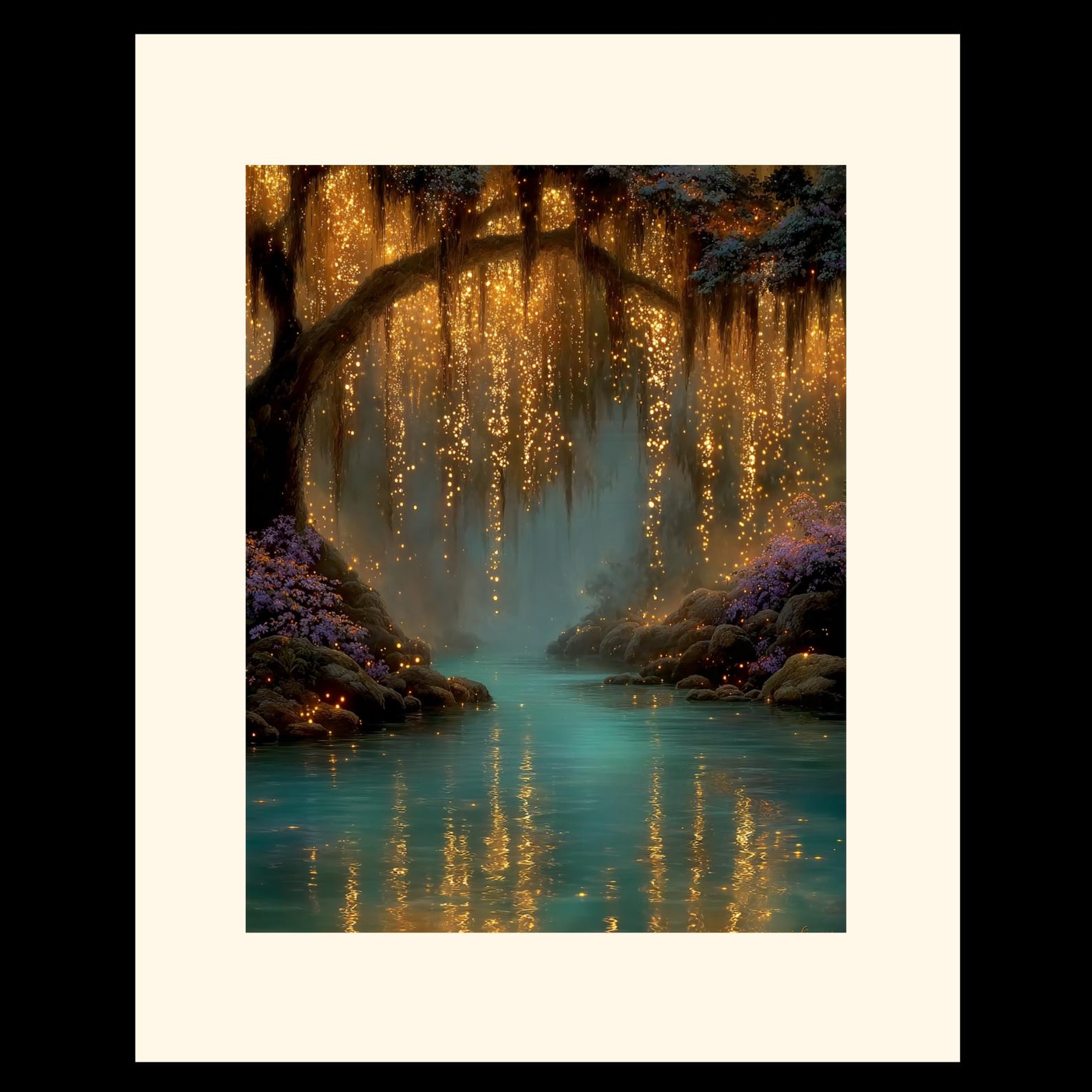 Golden Lit Tree Canopy Art Print Fantasy Firefly Forest Landscape ...