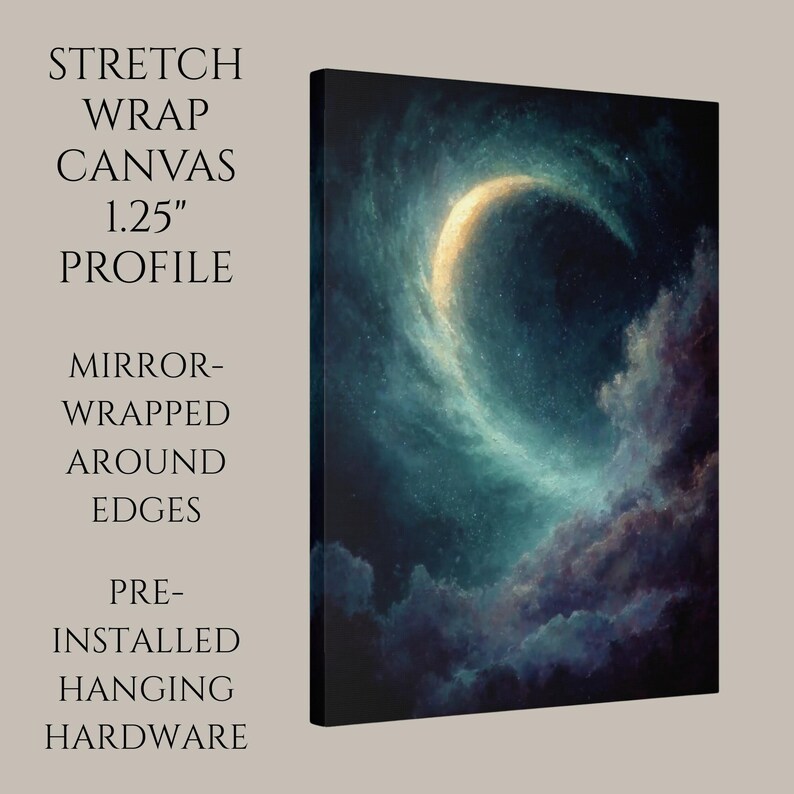 Crescent Moon Wall Art, Celestial Night Sky Print, Teal Nebula Clouds ...