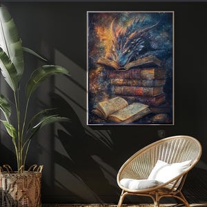 Fantasy Dragon Book Print, Mystical Serpent Wall Art Decor, Dark ...