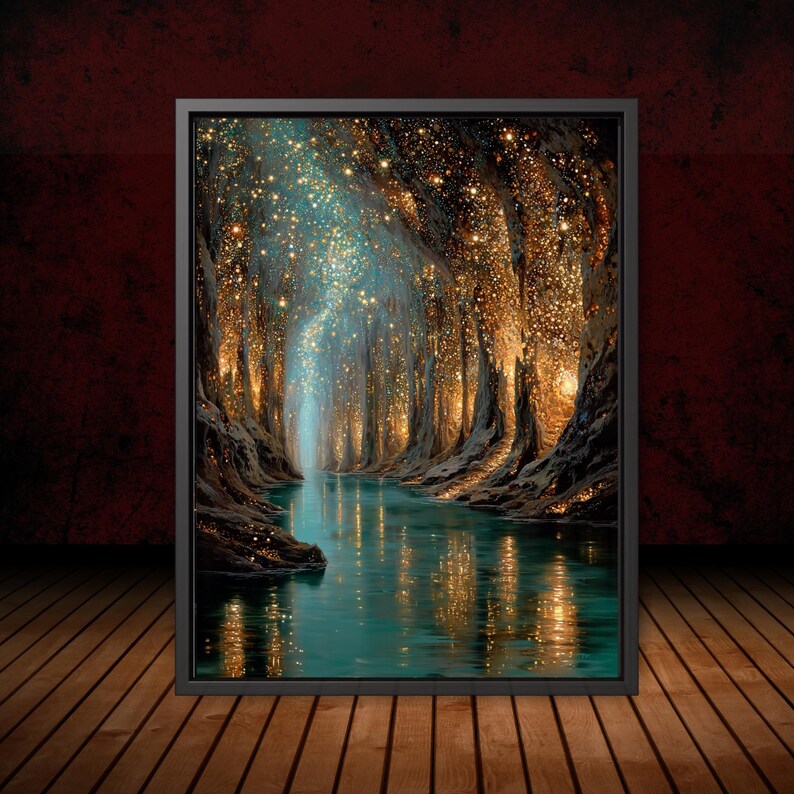 Enchanted Cave River Wall Art Print, Golden Glow Cavern, Teal Water ...