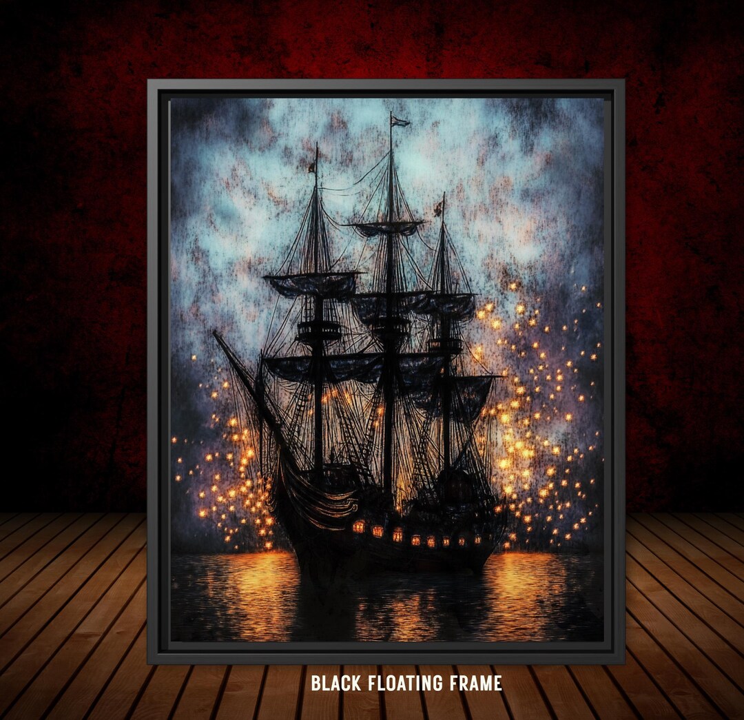 Pirate Ghost Ship at Night Wall Art Print Golden Lit Nautical Fantasy ...