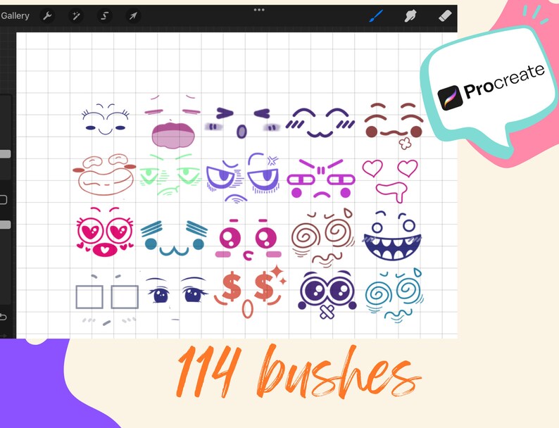 Procreate Japanese Manga Chibi, 114 Procreate Soft Drawing Brushes, Facial Expressions Pose ...