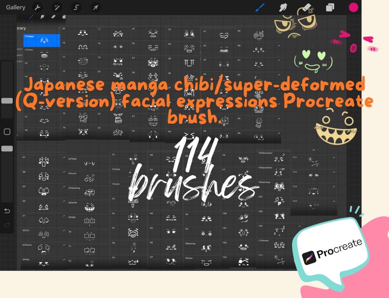 Procreate Japanese Manga Chibi, 114 Procreate Soft Drawing Brushes, Facial Expressions Pose ...