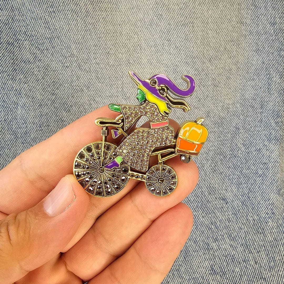 Halloween Witch on Bike Brooch, Rhinestone Gothic Accessory, Halloween ...