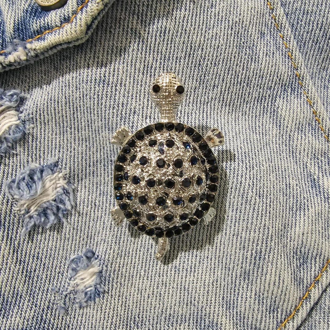 Silver Turtle Brooch for Crafts | Black Rhinestone Animal Pin | DIY ...