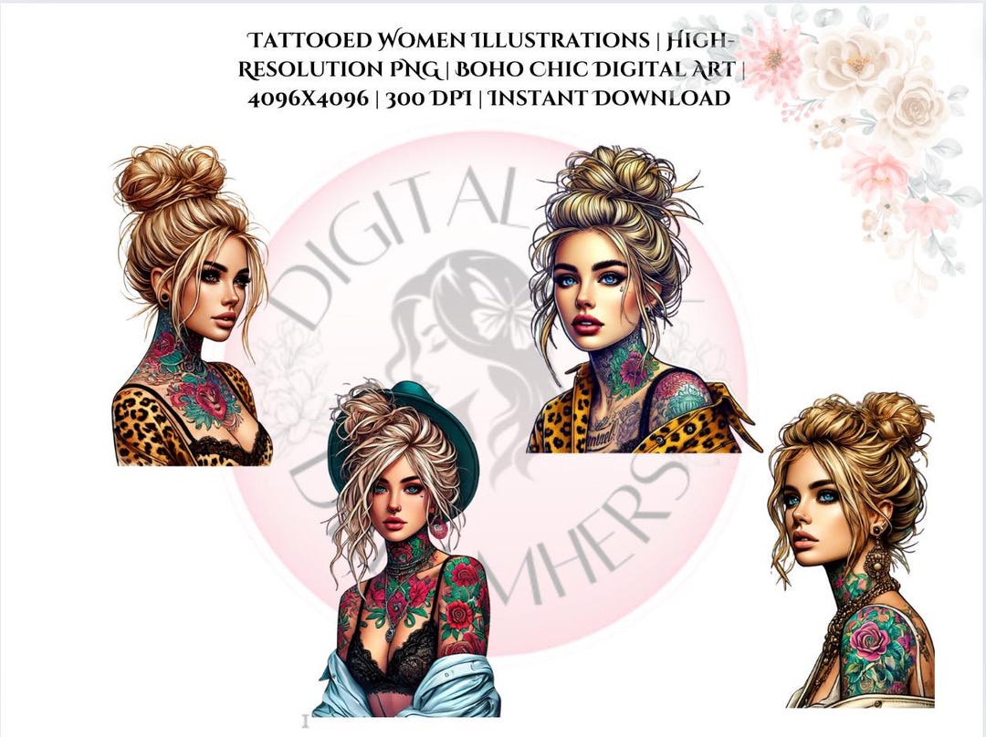 Tattooed Women Illustrations High Resolution Png Boho Chic Digital