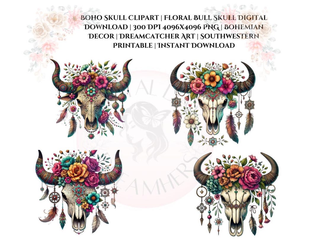 Boho Skull Clipart | Floral Bull Skull Digital Download | 300 DPI ...