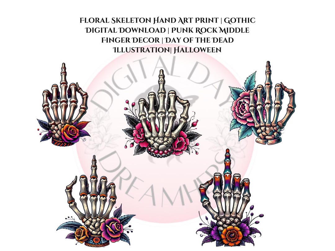 Middle Finger Set of 5|floral Skeleton Hand Halloween Art Print ...