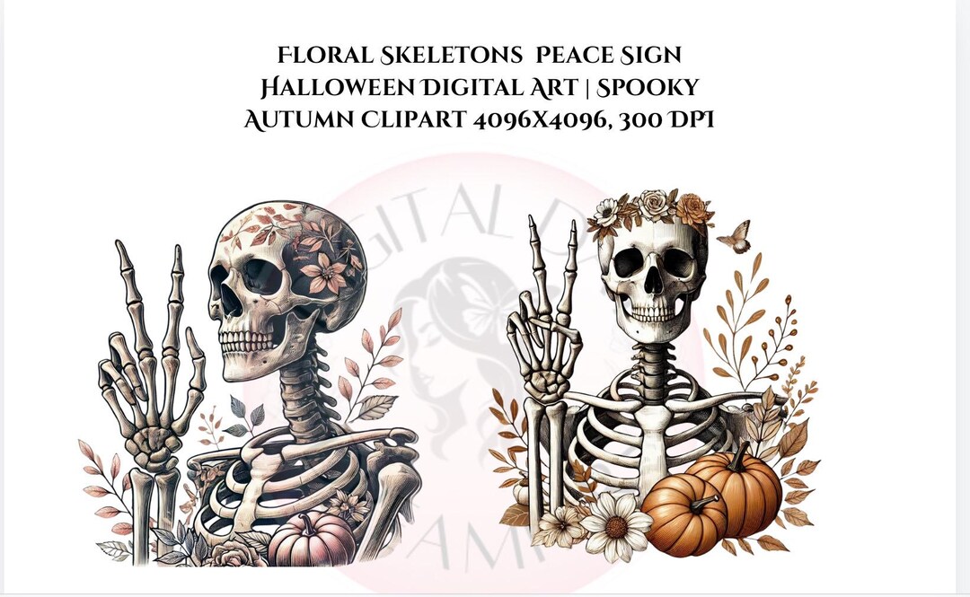 Floral Skeletons Halloween Digital Art | Spooky Autumn Clipart ...