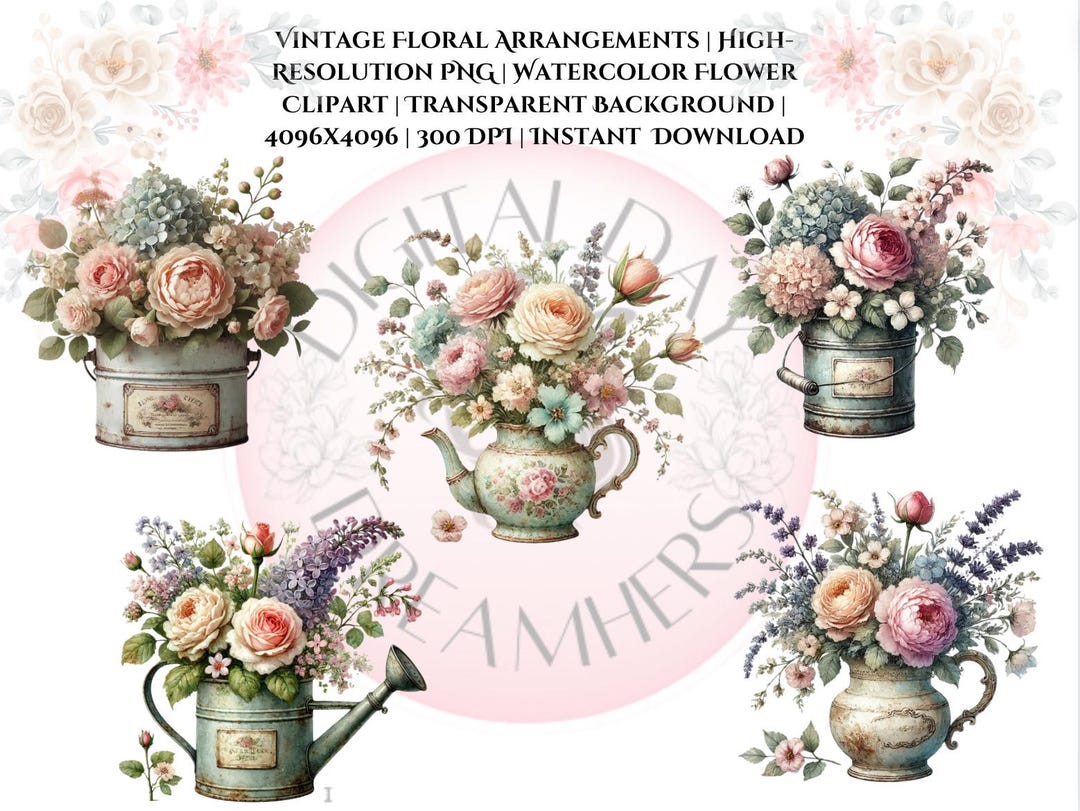 Vintage Floral Arrangements | High-resolution PNG | Watercolor Flower ...