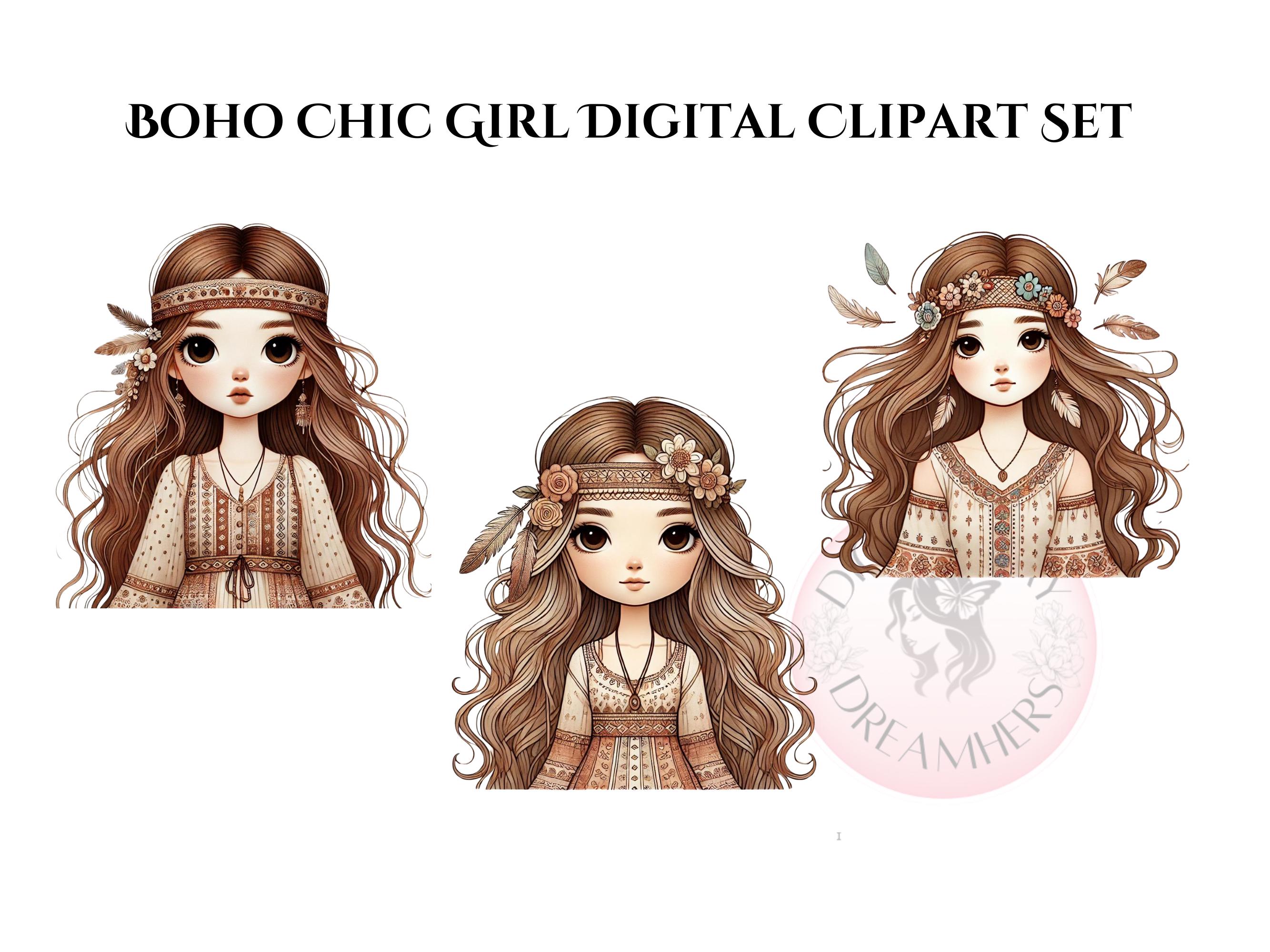 Boho Chic Girl Digital Clipart Set of 3 - Etsy