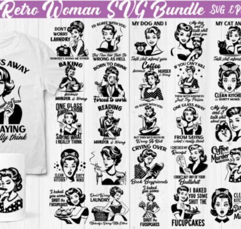 Retro Housewife SVG Bundle Cutting Machine Clipart Vintage Women 1950s Atomic Sublimation Files ...