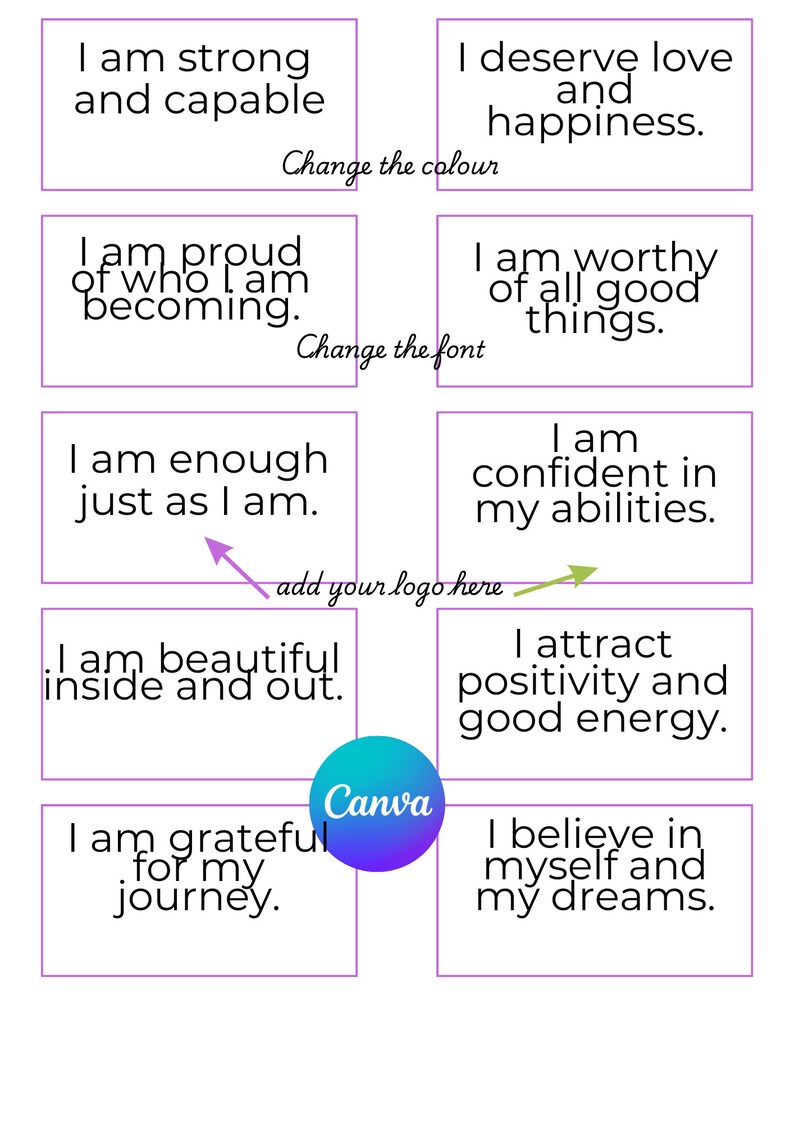 Editable Positive Affirmation Cards Template Canva Download 10 ...