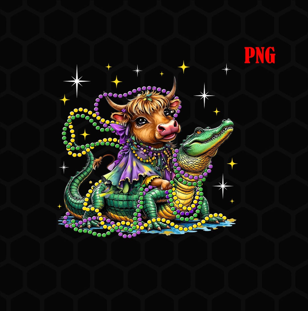 Mardi Gras Highland Cow and Gator Png, Mardi Gras Png, Alligator ...