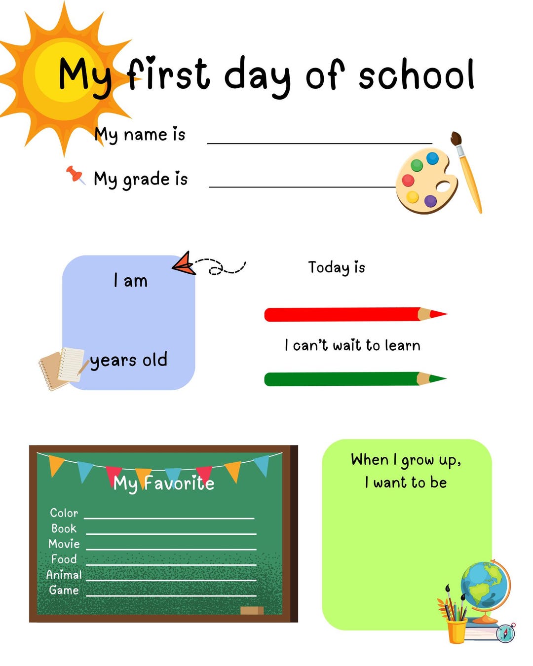 First Day of School, Back to School Activity Sheet, School Keepsake ...