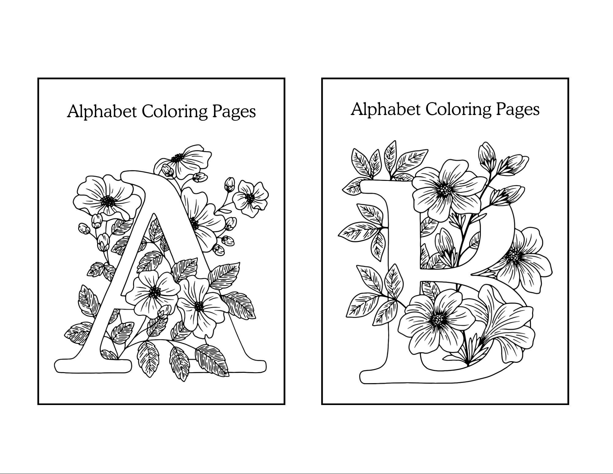 Printable Floral Alphabet Coloring Pages, A to Z Coloring, Adult ...