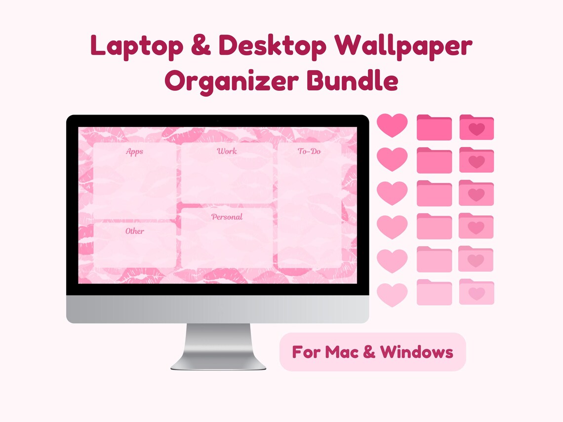 Pink Kiss Desktop Organizer Wallpaper Bundle, Aesthetic Computer ...