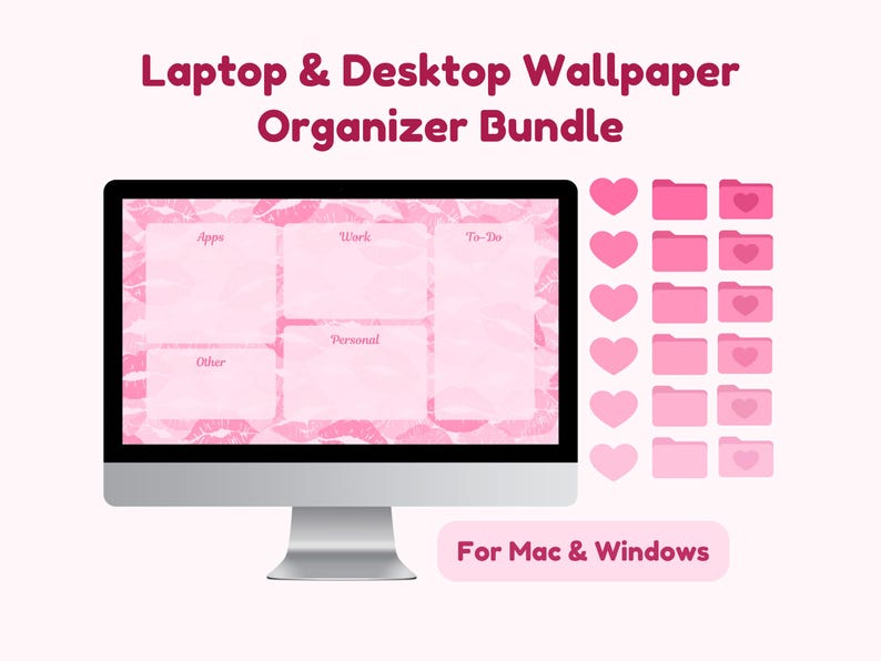 Pink Kiss Desktop Organizer Wallpaper Bundle, Aesthetic Computer ...