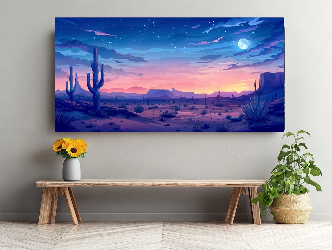 Desert at Twilight Wall Art Cacti Under the Moon Print Canvas and Metal ...
