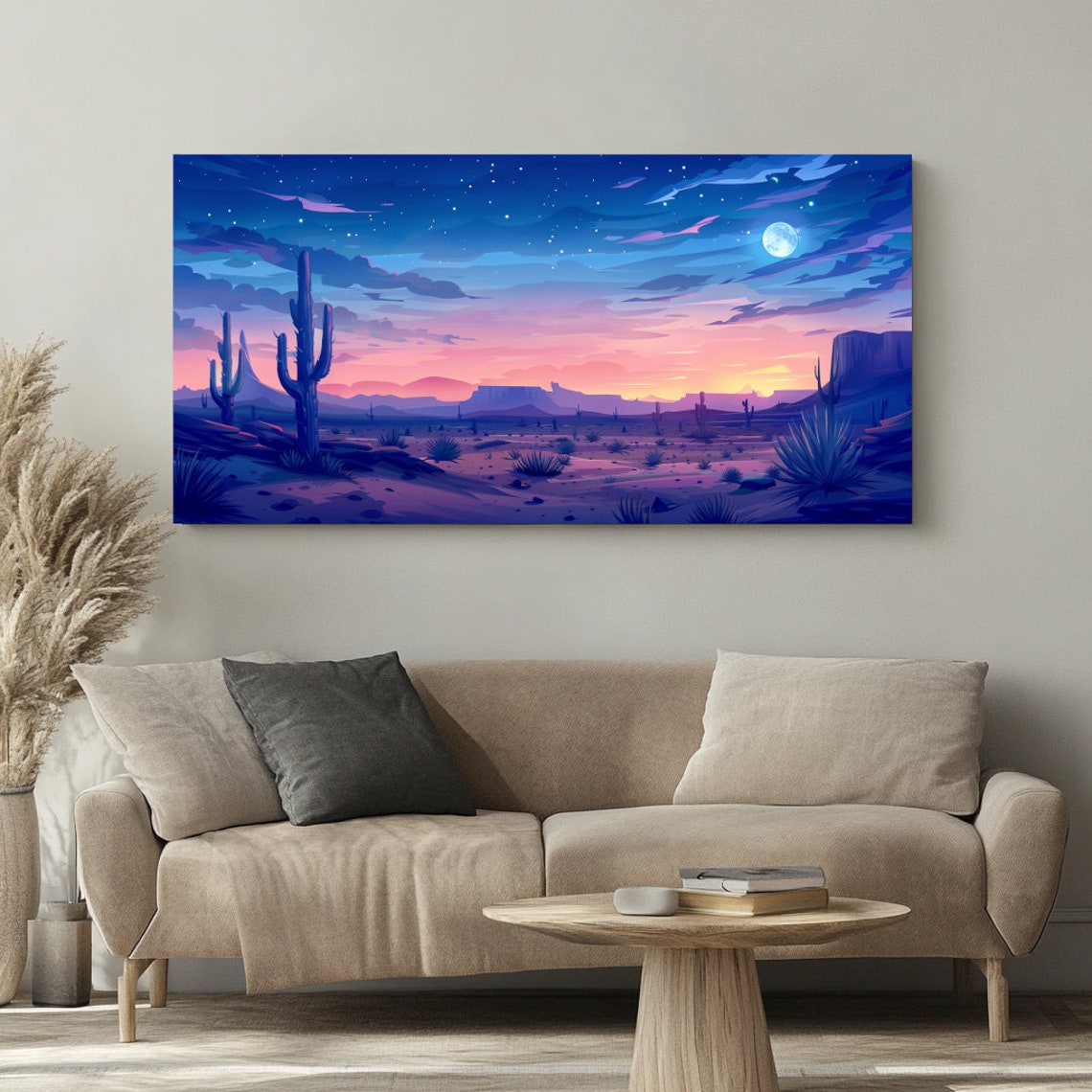 Desert at Twilight Wall Art Cacti Under the Moon Print Canvas and Metal ...