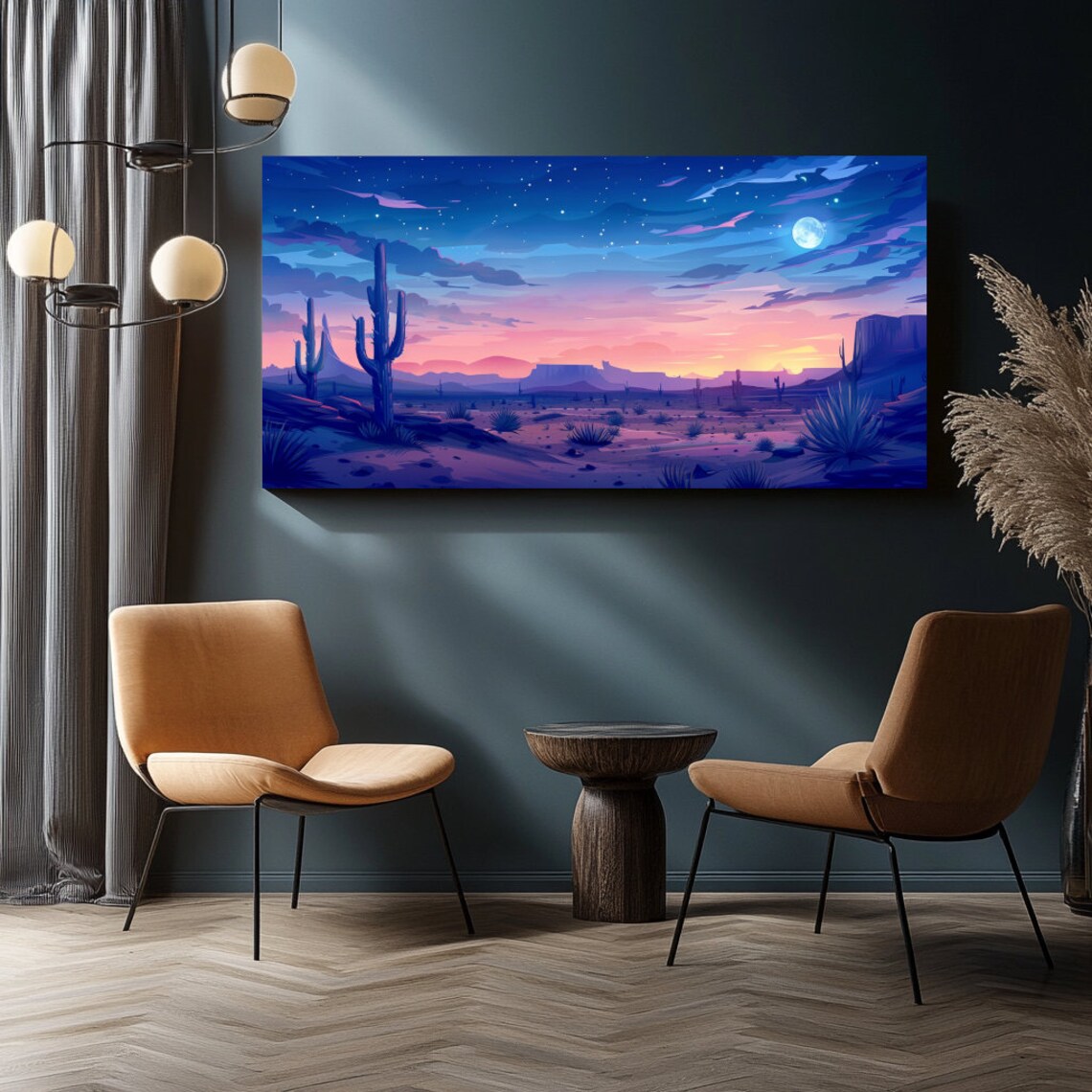 Desert at Twilight Wall Art Cacti Under the Moon Print Canvas and Metal ...
