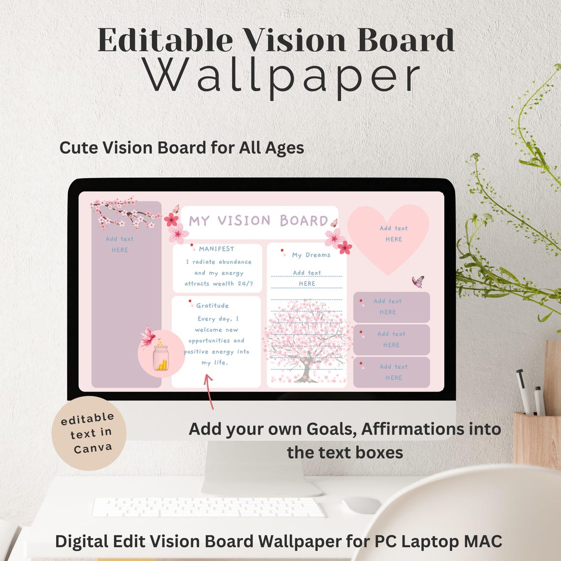 Editable Vision Board Wallpaper Inspirational Digital Download Desktop ...