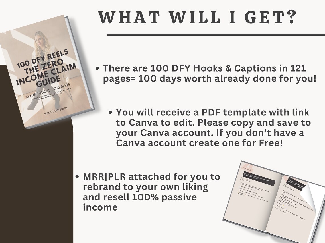 Zero Income Claims Guide DFY 100 Reel Hooks Captions Instant Content Creation Instagram Faceless ...
