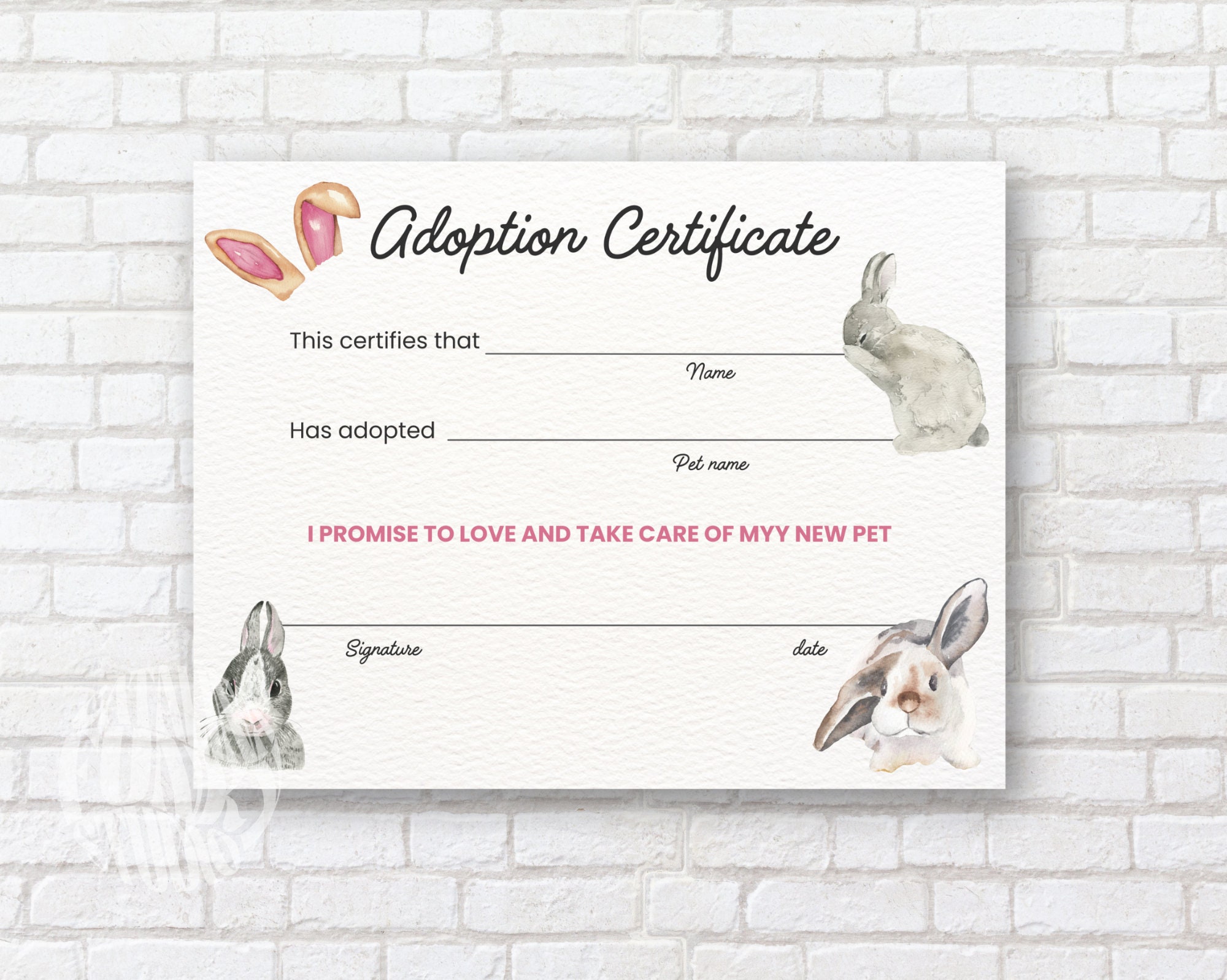 BUNNY Adoption Certificate, Pet Adoption Certificate, Editable Template ...