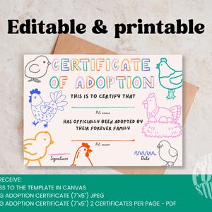 Chicken Adoption Certificate: Editable Farm Animal Gift (canva Template ...