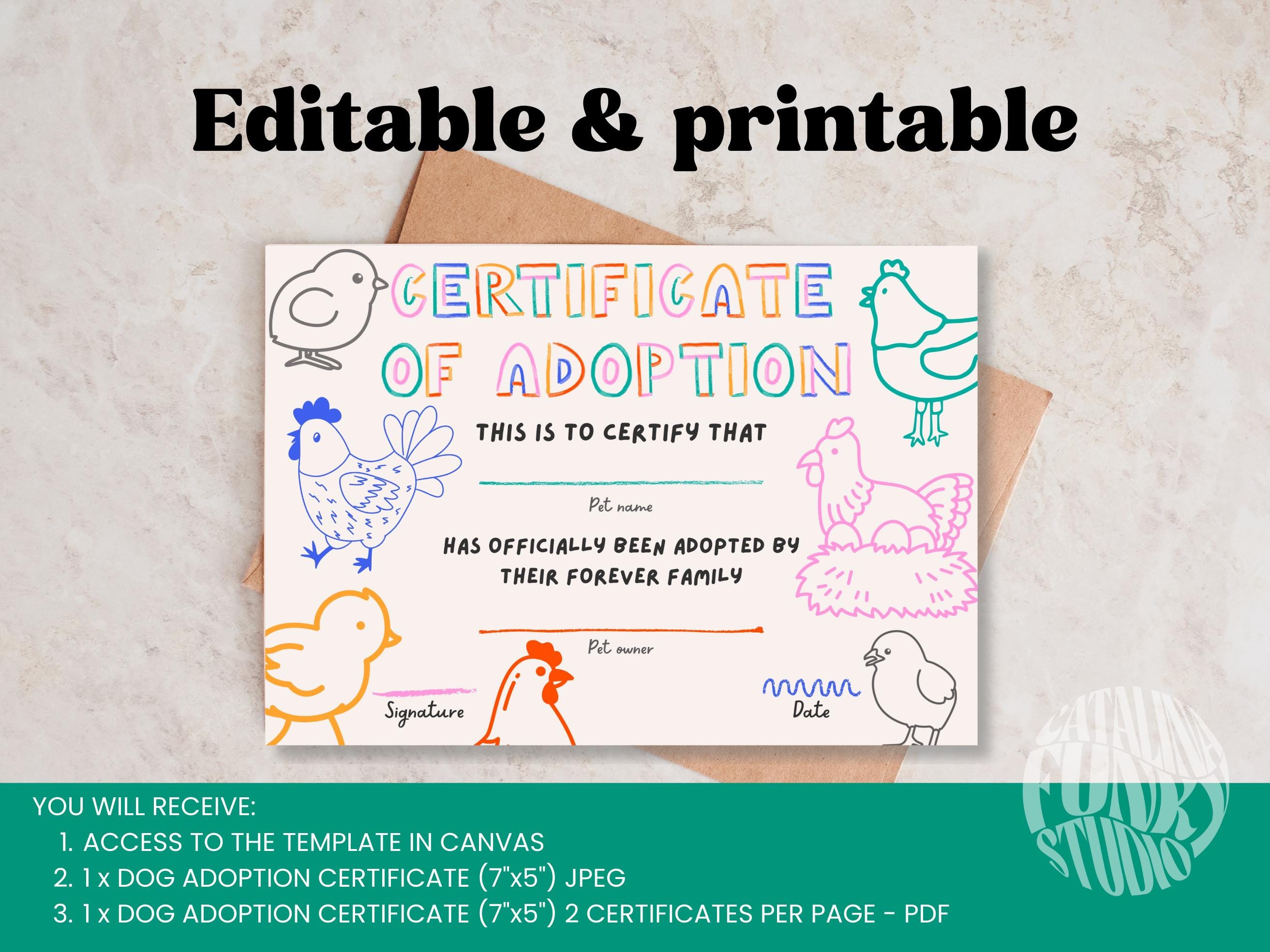 Chicken Adoption Certificate: Editable Farm Animal Gift (canva Template ...