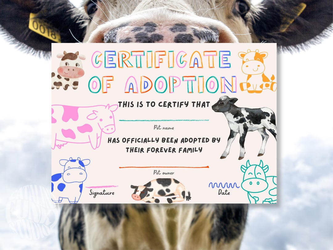 Cow Adoption Certificate | Calf Birthday Gift & Wall Art | 7"x5 ...