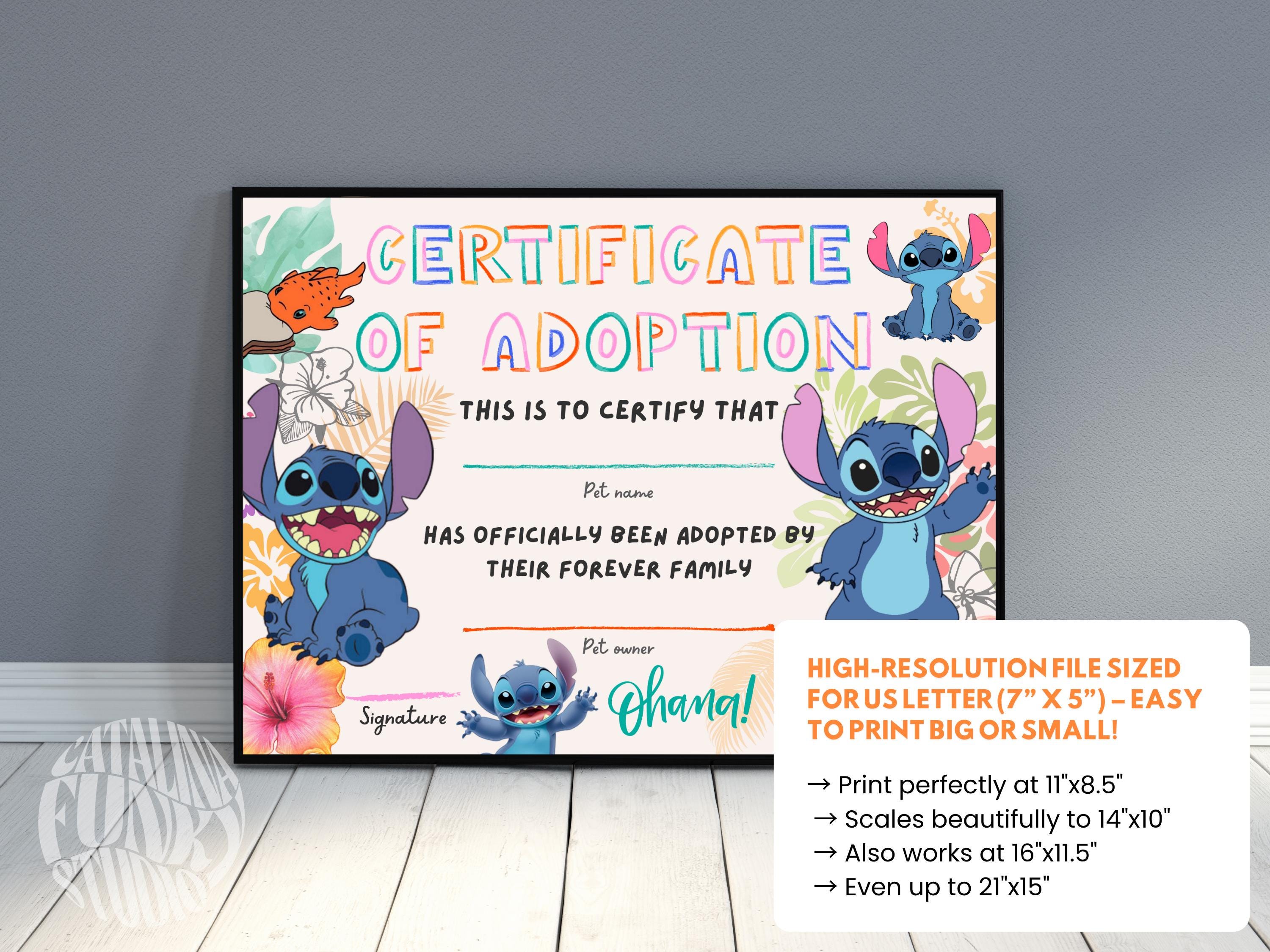Stitch Adoption Certificate Printable Cute Digital File for Kids Gift ...