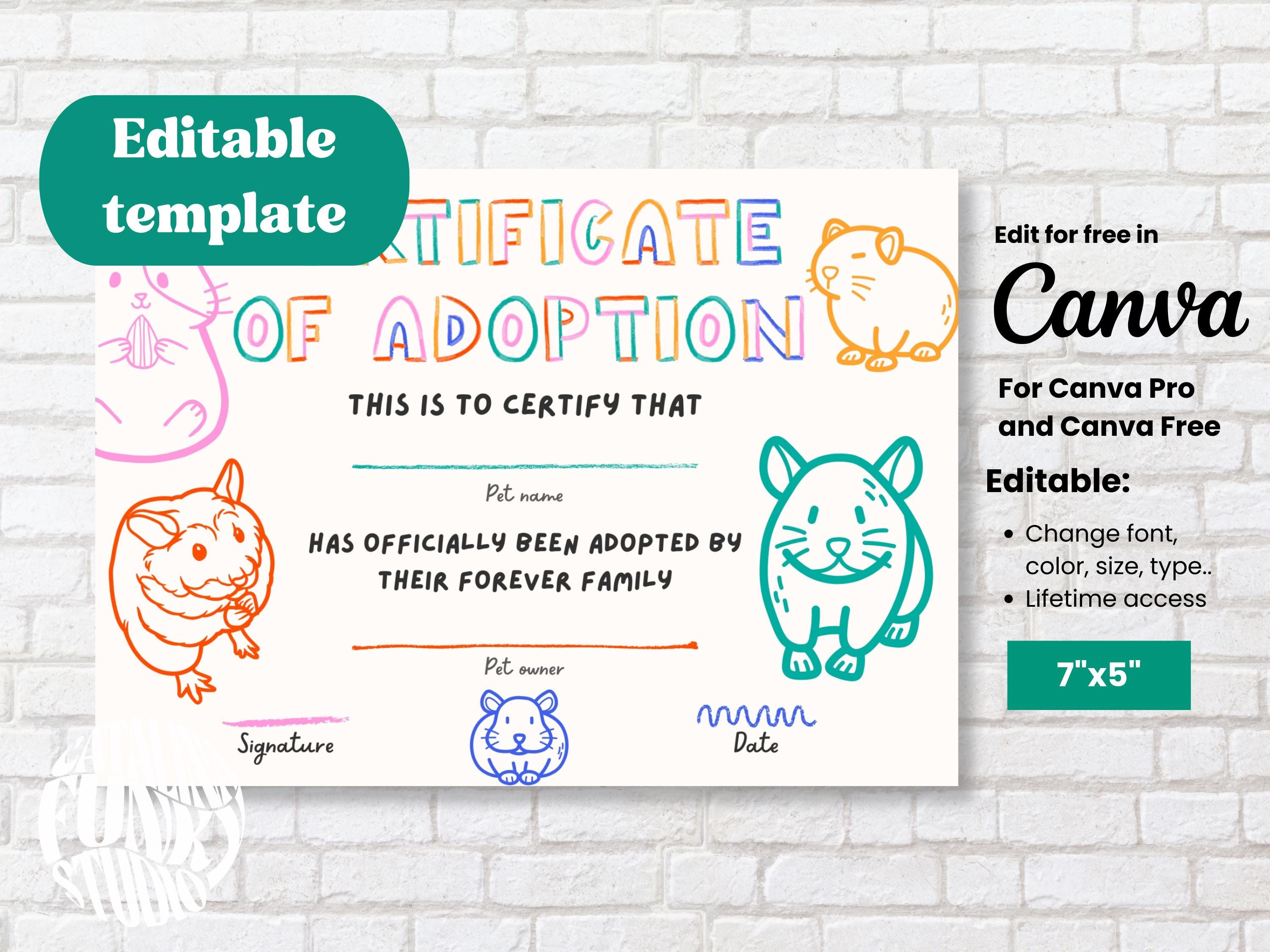 Editable Hamster Adoption Certificate, Canva Template, Playful ...