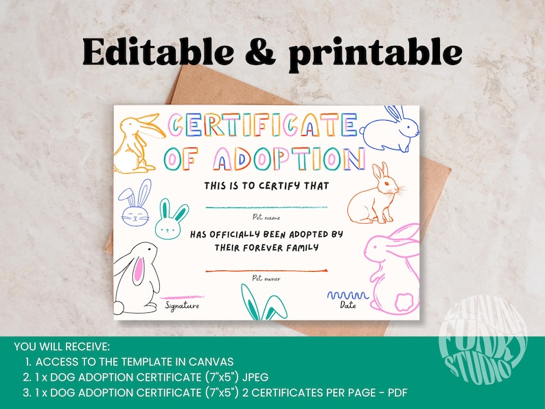 Editable Rabbit Adoption Certificate, Canva Template, (7"x5") Digital ...