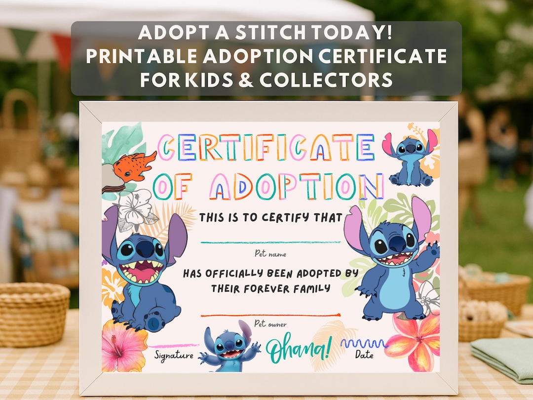 Stitch Adoption Certificate Printable Cute Digital File for Kids Gift ...