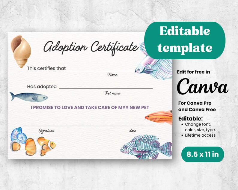 Fish Adoption Certificate, Pet Adoption Certificate, Editable Template ...