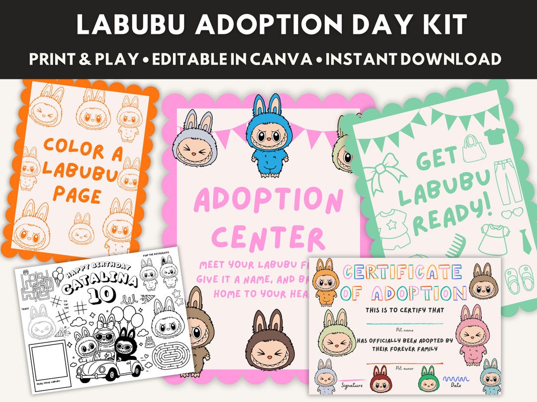 Labubu adoption party printable bundle with posters placemat ID card ...