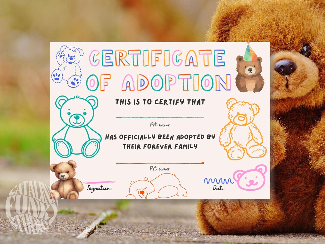 Teddy Bear Adoption Certificate | Teddy Bear Birthday Gift & Wall Art ...