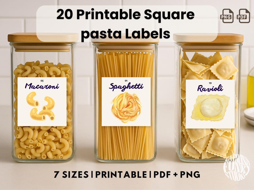 Pasta Label Stickers | 30 Square Pantry Tags for Glass Jars | Printable ...