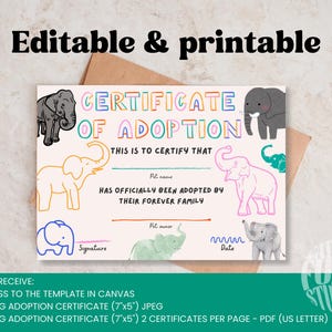 Elephant Adoption Certificate Canva Template | Instant Download 7x5 ...