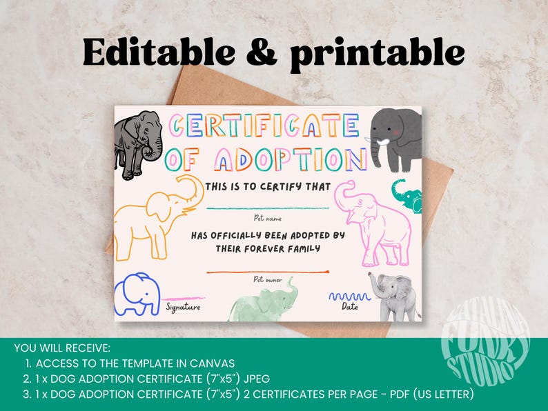 Elephant Adoption Certificate Canva Template | Instant Download 7x5 ...