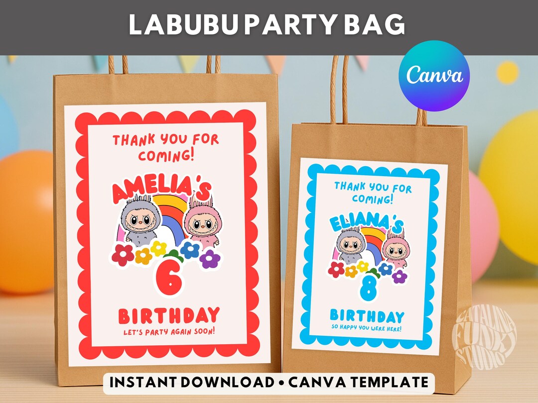 Labubu Party Bag Label Sticker Canva Editable Template for Gift Bags ...