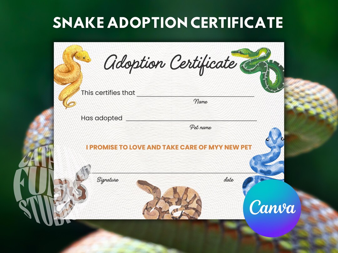 Snake Adoption Certificate Printable Watercolor Reptile Pet Adoption ...