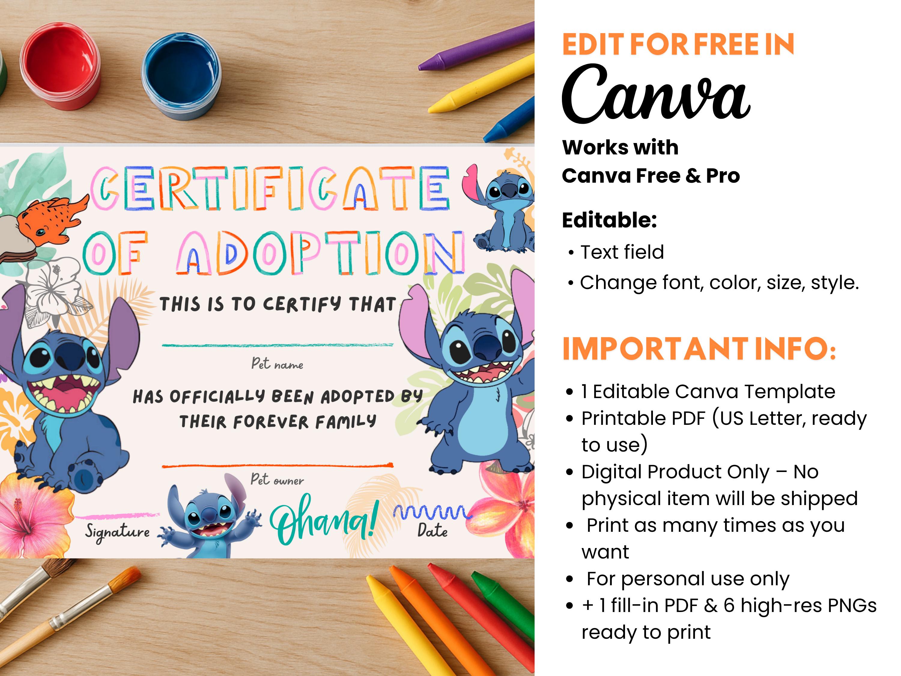 Stitch Adoption Certificate Printable Cute Digital File for Kids Gift ...