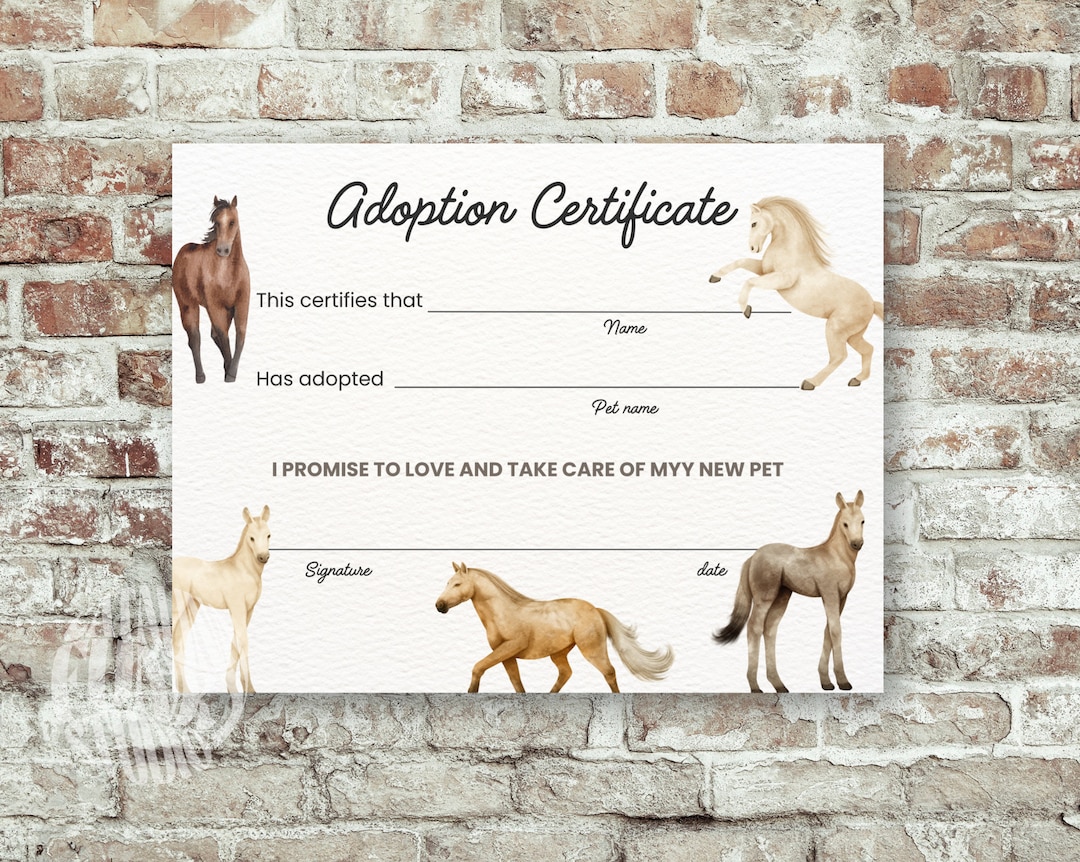 Horse Adoption Certificate, Pet Adoption Certificate, Editable Template ...