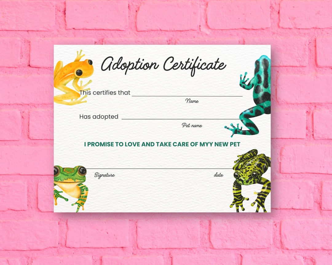 Frog Adoption Certificate, Pet Adoption Certificate, Editable Template ...