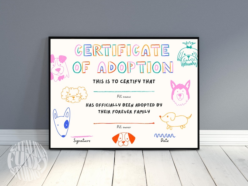 Editable Dog Adoption Certificate | Canva Template for Kids | Colorful ...