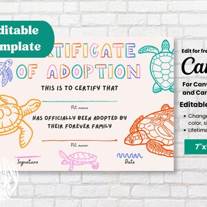 Turtle Adoption Certificate | Turtle Gift & Wall Art | Turtle Birthday ...