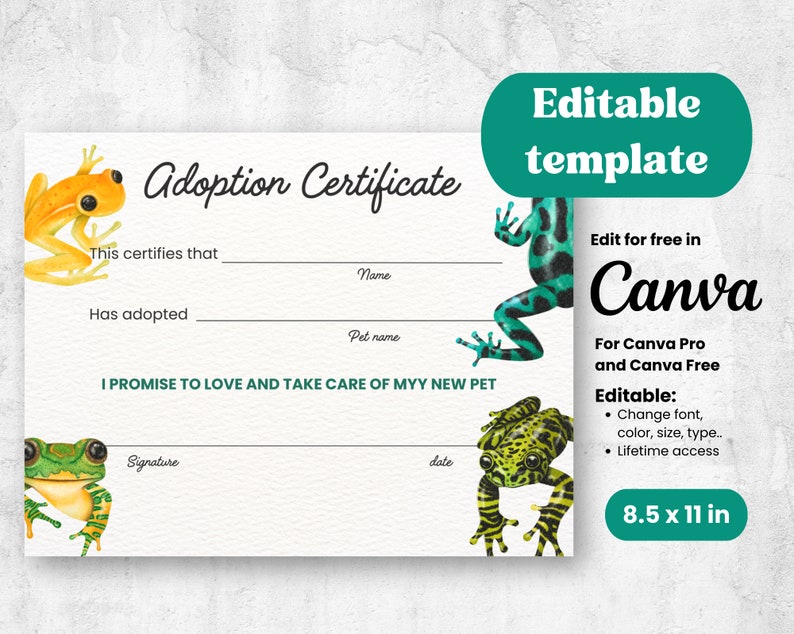 Frog Adoption Certificate, Pet Adoption Certificate, Editable Template ...